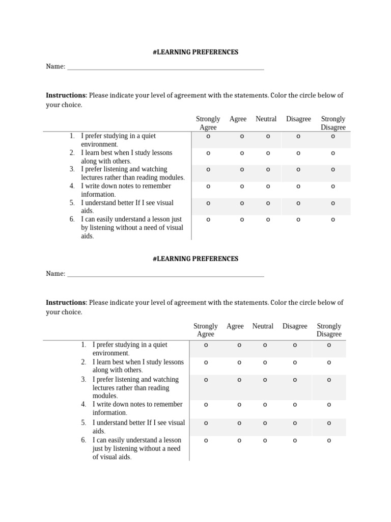 LEARNING PREFERENCES survey | PDF