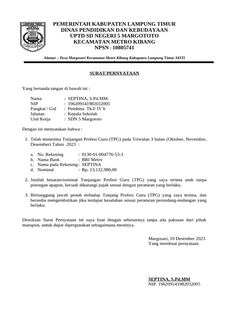 Surat Pernya. Penerima TPG TW 3 | PDF