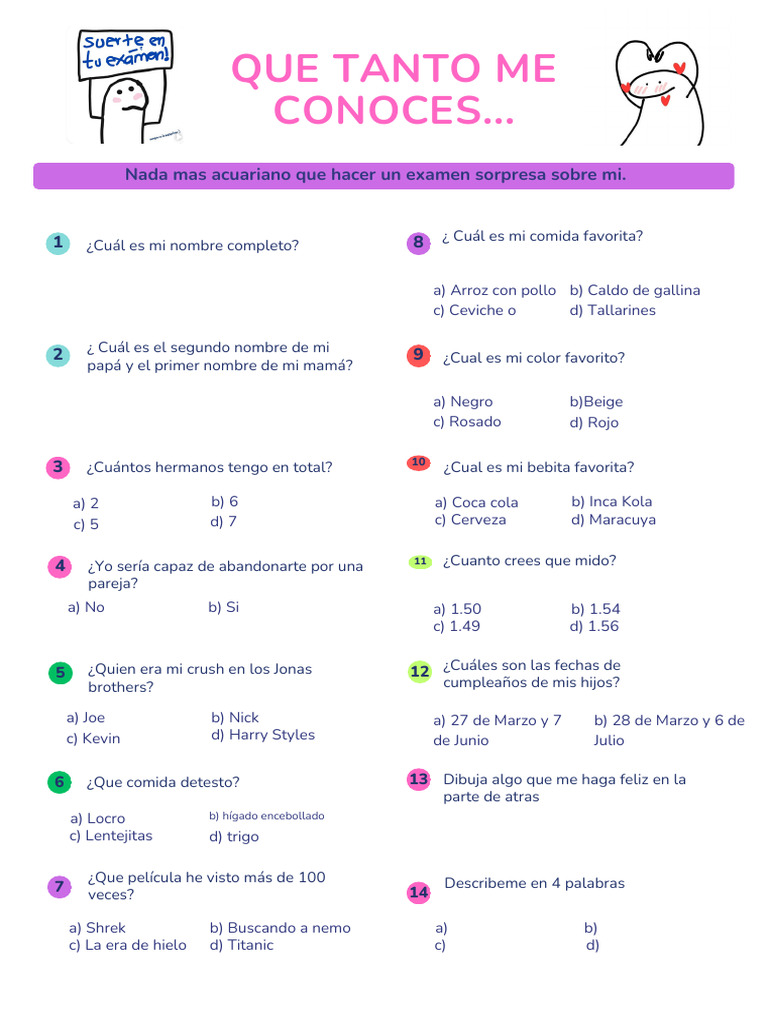 ¿Cuánto me conoces? Cuestionario personal | PDF