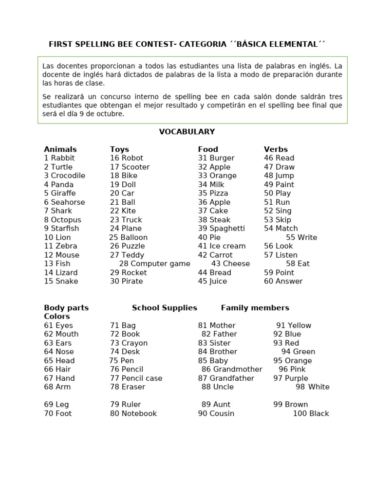 Word Bank Spelling Bee Contest | PDF