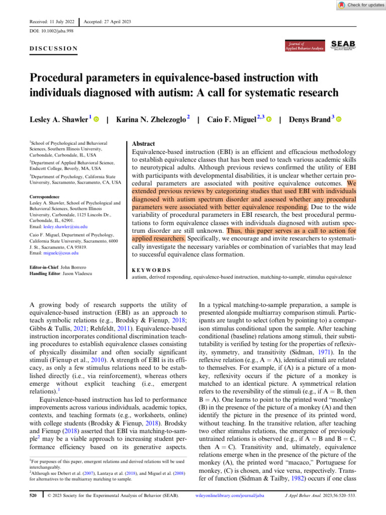 J of App Behav Analysis - 2023 - Shawler - Procedural Parameters in Equivalence Based ...