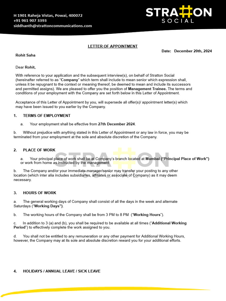 Management Trainee Appointment Letter | PDF | Trade Secret ...