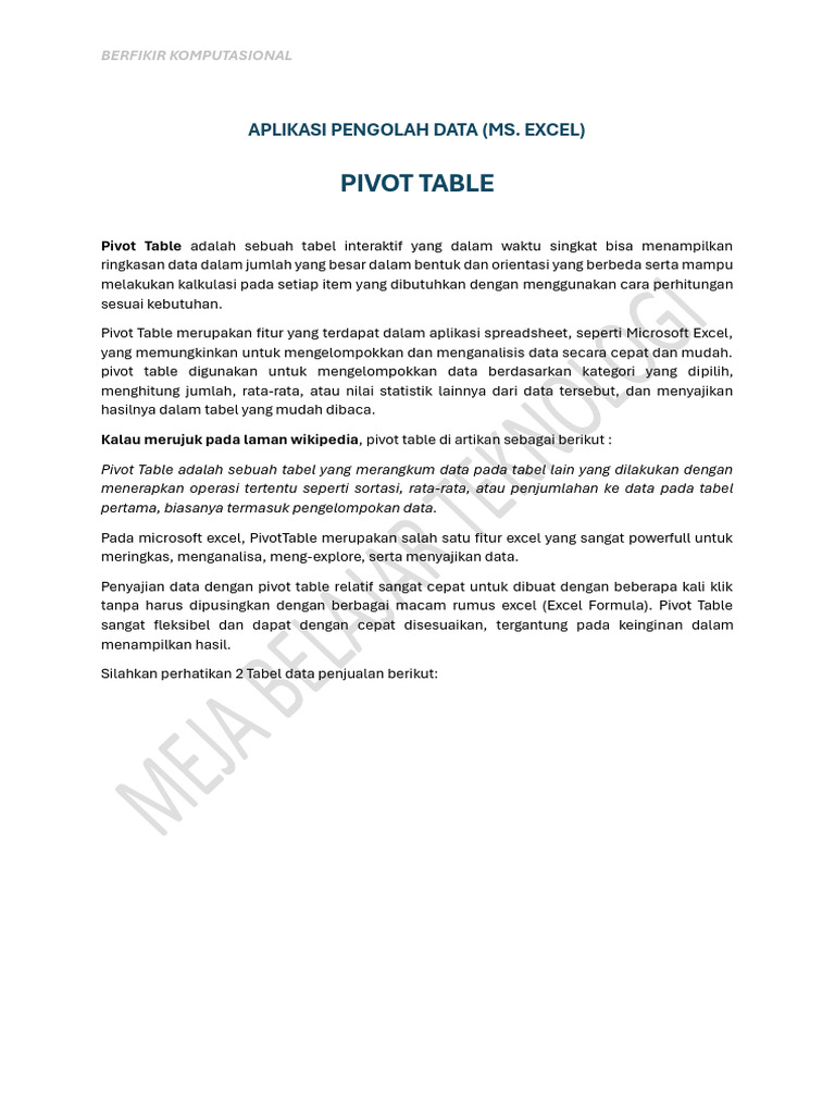 1 BERFIKIR KOMPUTASIONAL - MS EXCEL - Pivot Table | PDF