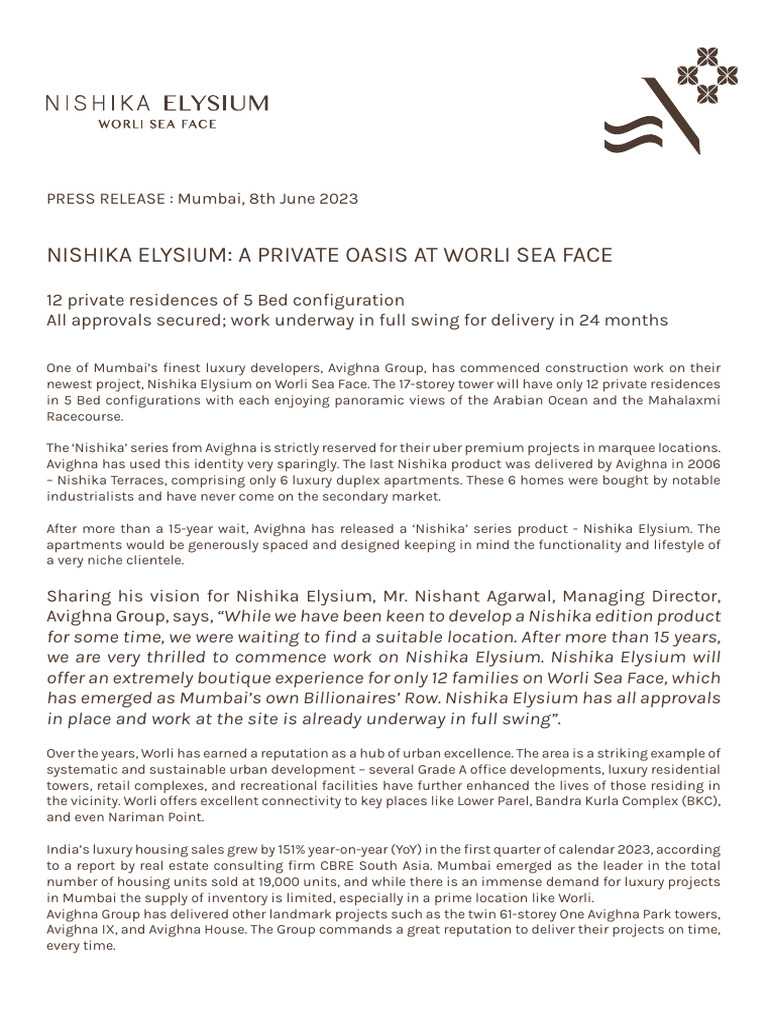 Press - Release - Nishika - Elysium - by - Avighna - Group | PDF