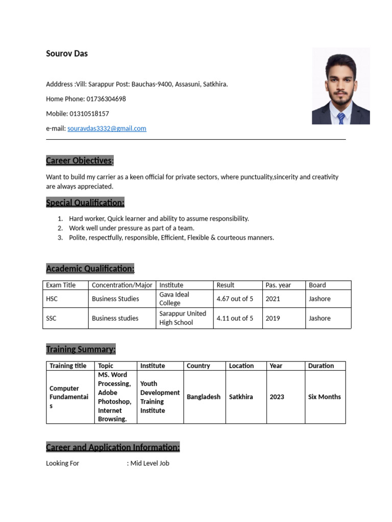 CV of Sourav Das | PDF | Human Communication | Communication