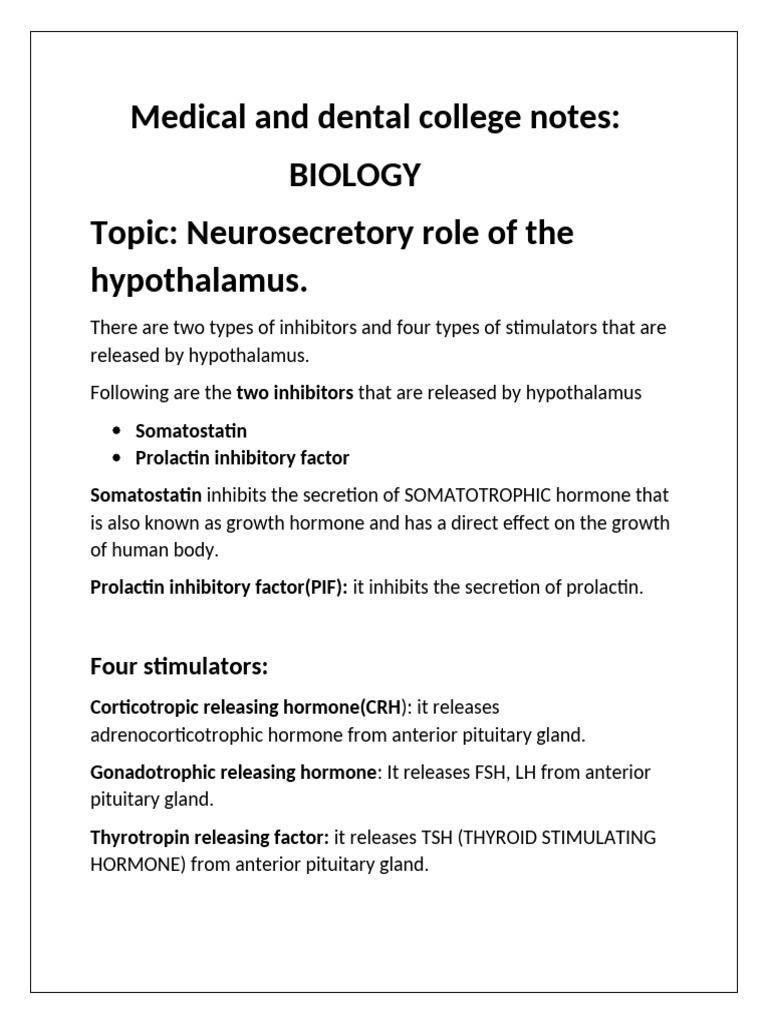 Neurosecretory Role of Hypothalamus. | PDF