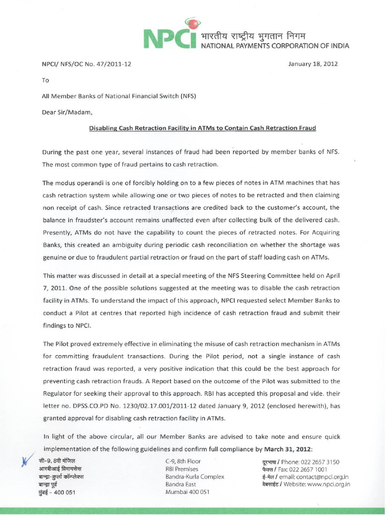 NFS - OC 47 (Disabling Cash Retraction Facility in ATMs To Contain Cash ...