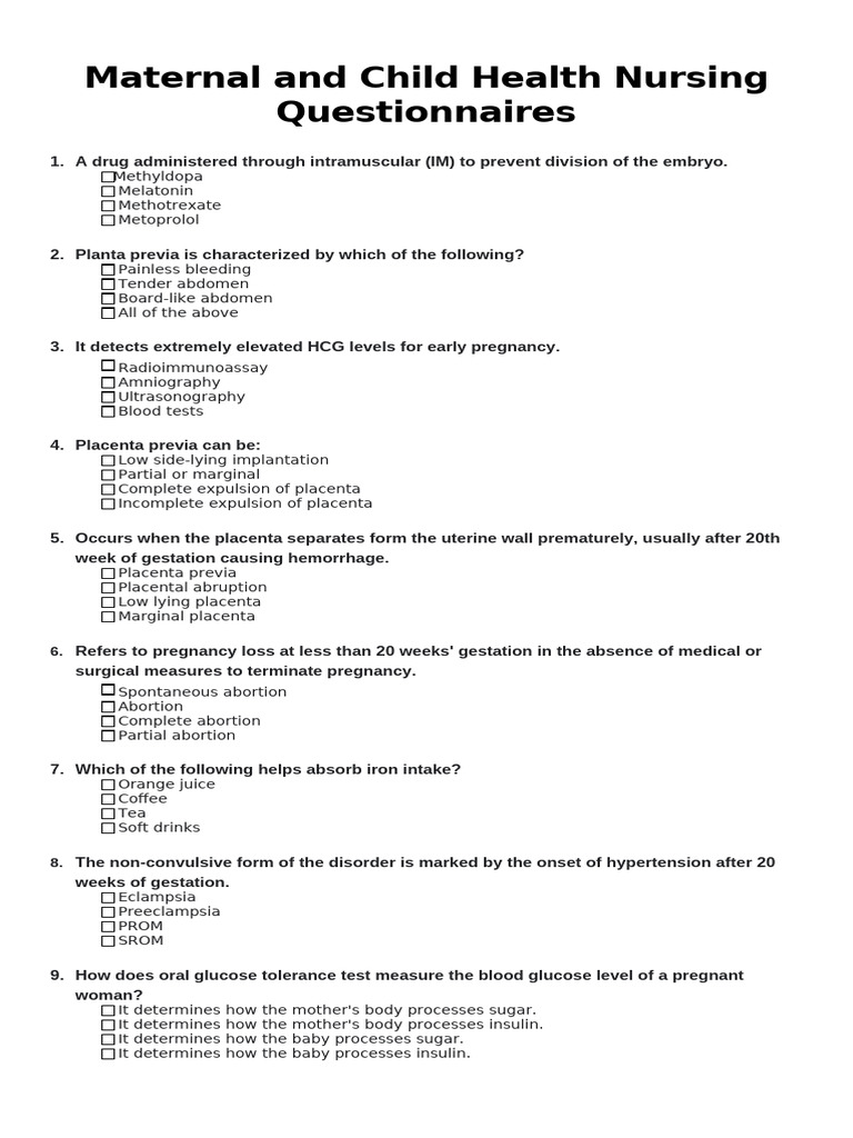 Maternal and Child Health Nursing Questionnaires | PDF | Childbirth ...
