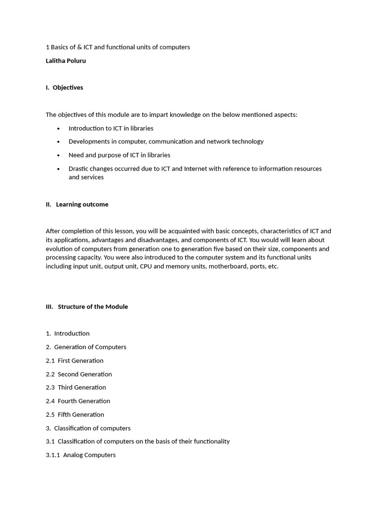 Basics of & ICT and Functional Units of Computers | PDF | Personal Computers | Computer Data Storage