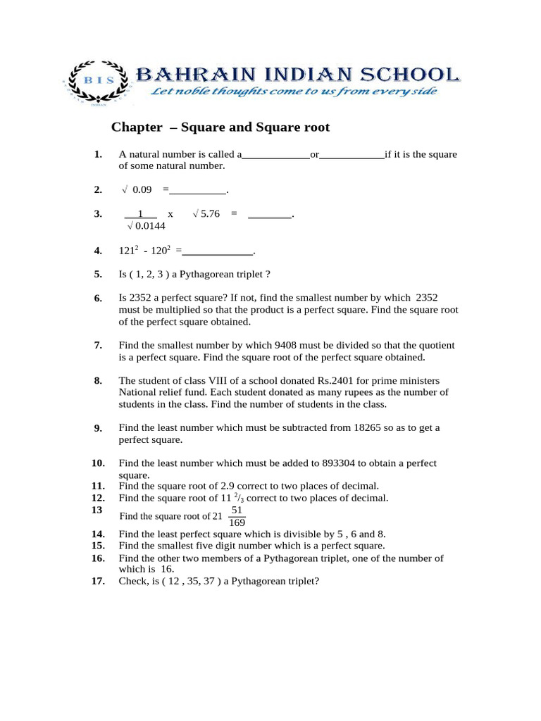 Square and Square Root Exercises | PDF
