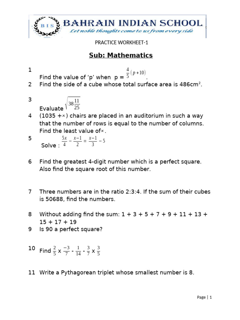 Math Practice Worksheet for Students | PDF