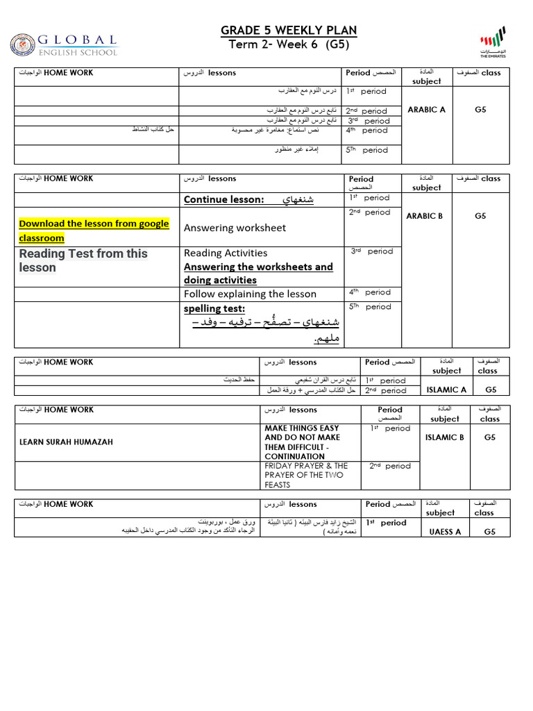 G5 T2W6 Weekly Plan - AMS | PDF