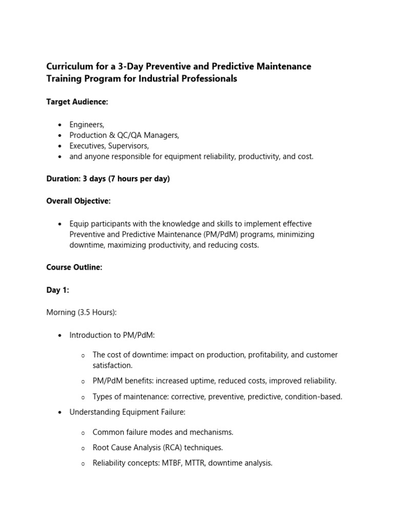 Curriculum for a 3-Day Preventive and Predictive Maintenance Training ...