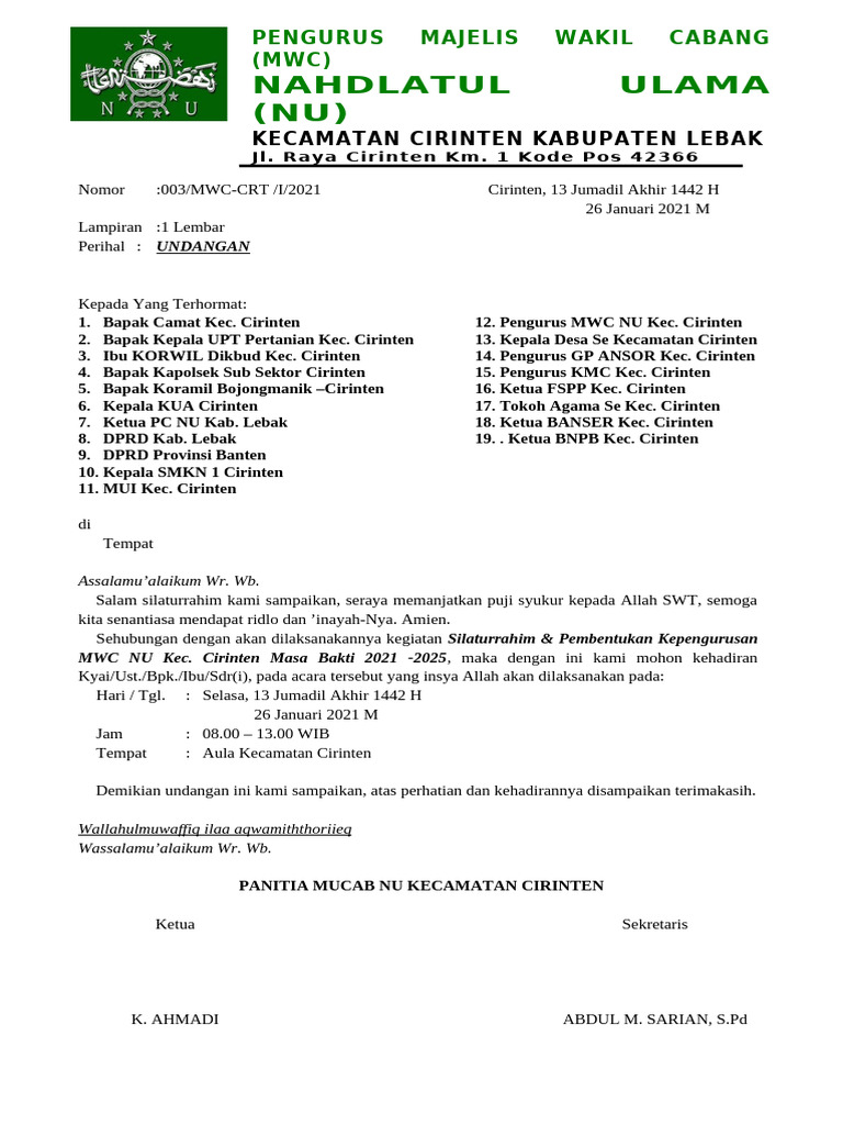 Undangan Muscab MWC NU Cirinten 2021 | PDF