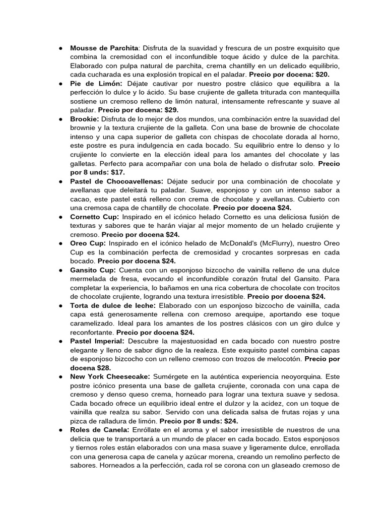 Descripciones Catálogo | PDF | Pasteles | Postres