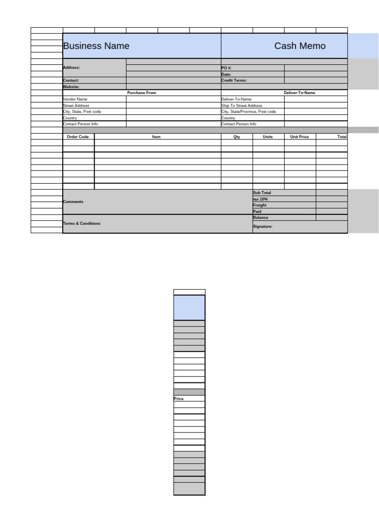 Cash Memo Format Template in Excel | PDF