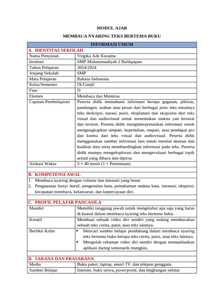 Modul Ajar Bagian e Kelas 9 | PDF