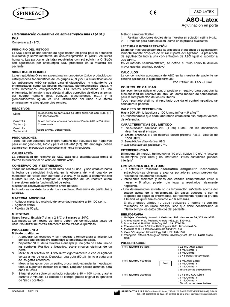 Inserto Spinreact ASO Latex 1200101 1200102 1200105 | PDF | Especialidades Medicas | Medicina ...