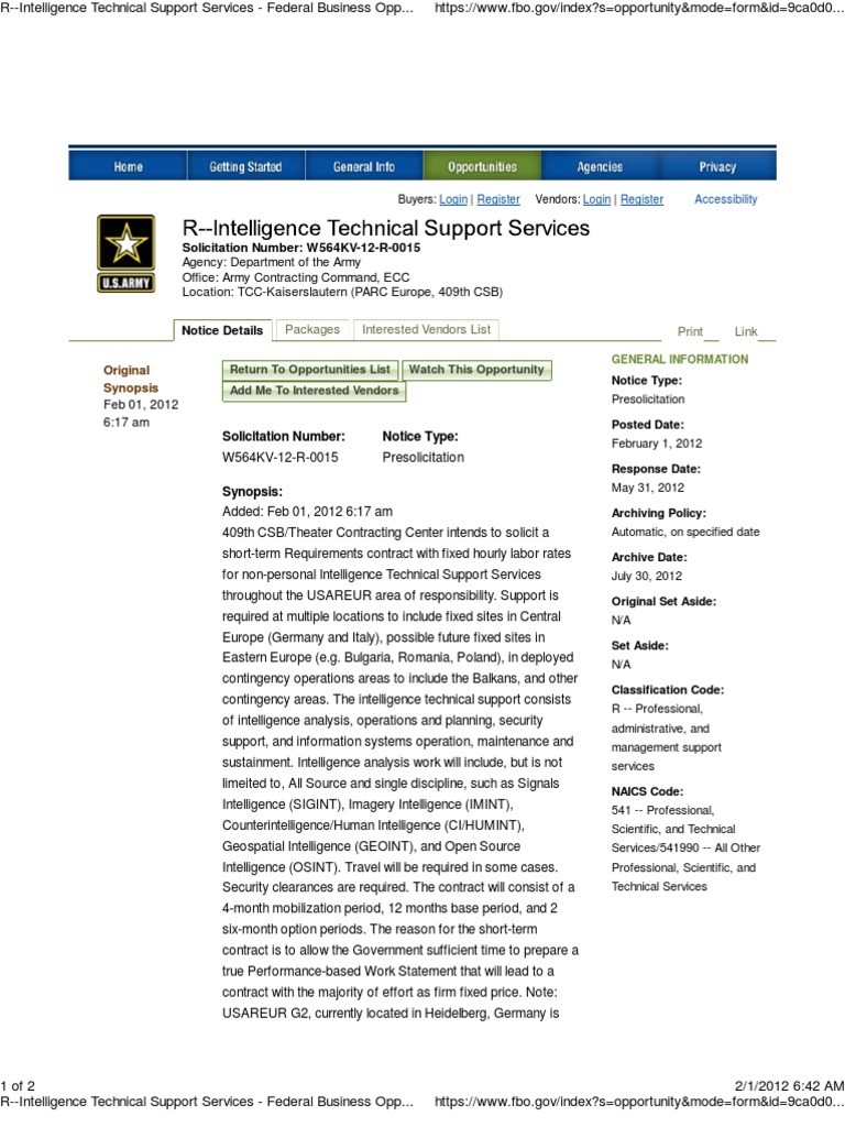 Solicitation Number: W564KV-12-R-0015 | PDF | Espionage | Intelligence Assessment