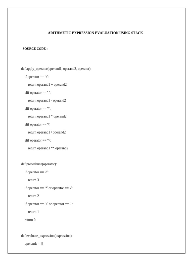 ARITHMETIC EXPRESSION EVALUATION USING STACK (1) | PDF