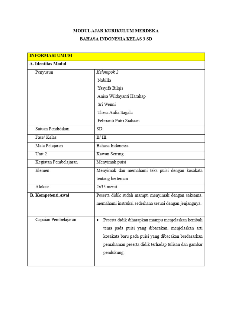 MODUL AJAR KURIKULUM MERDEKA Kelas 3 Kel 2 | PDF