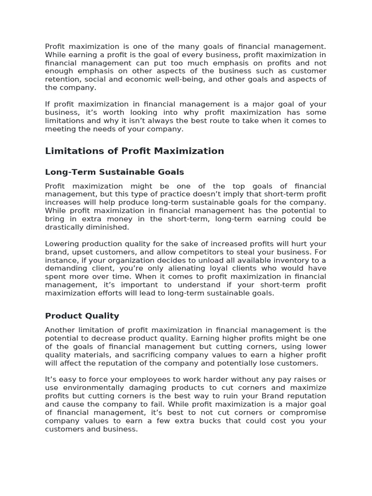 Profit Maximization Is One of The Many Goals of Financial Management ...