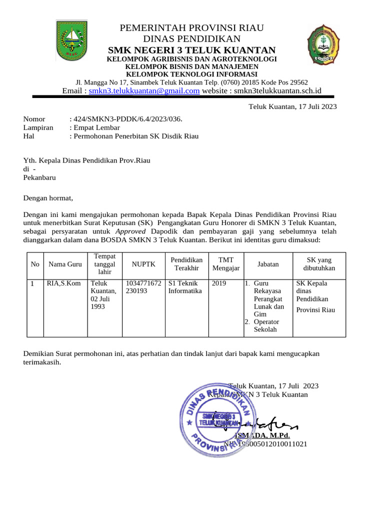 SURAT REKOM SK DINAS SMKN 3 | PDF