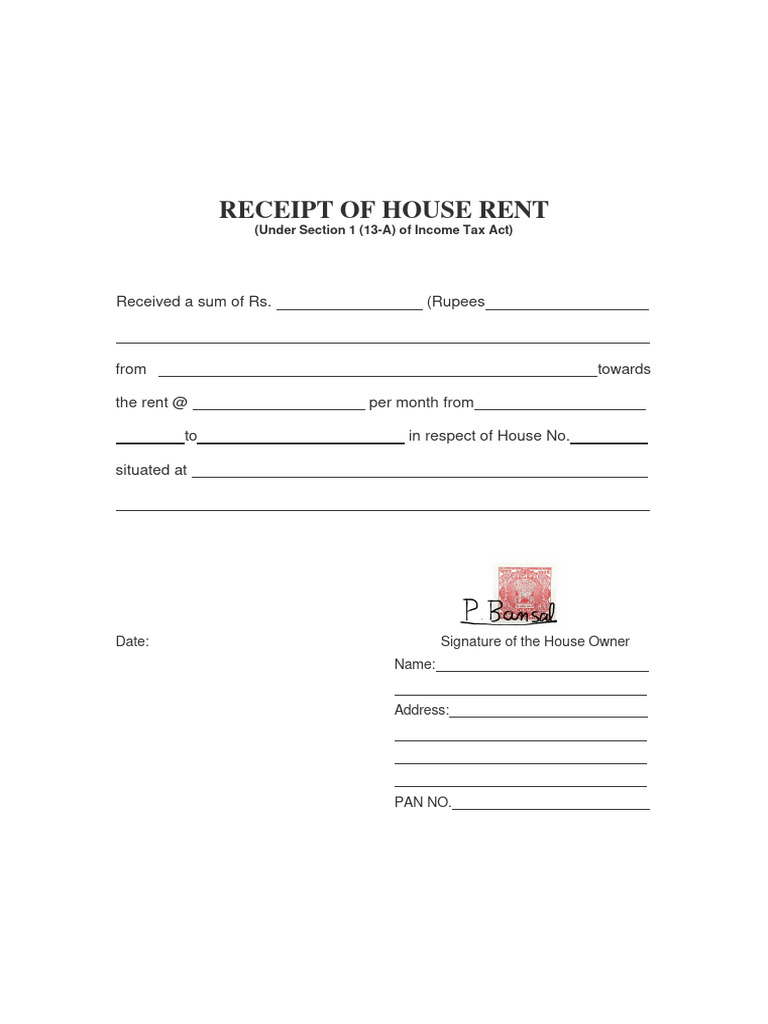 Receipt of House Rent: Received A Sum of Rs. (Rupees | PDF