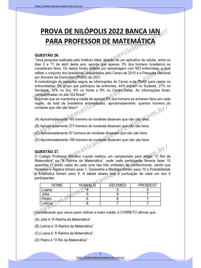 Prova de Nilópolis 2022 - Professor de Matemática - Banca IAN | PDF | Matemática | Amostragem ...