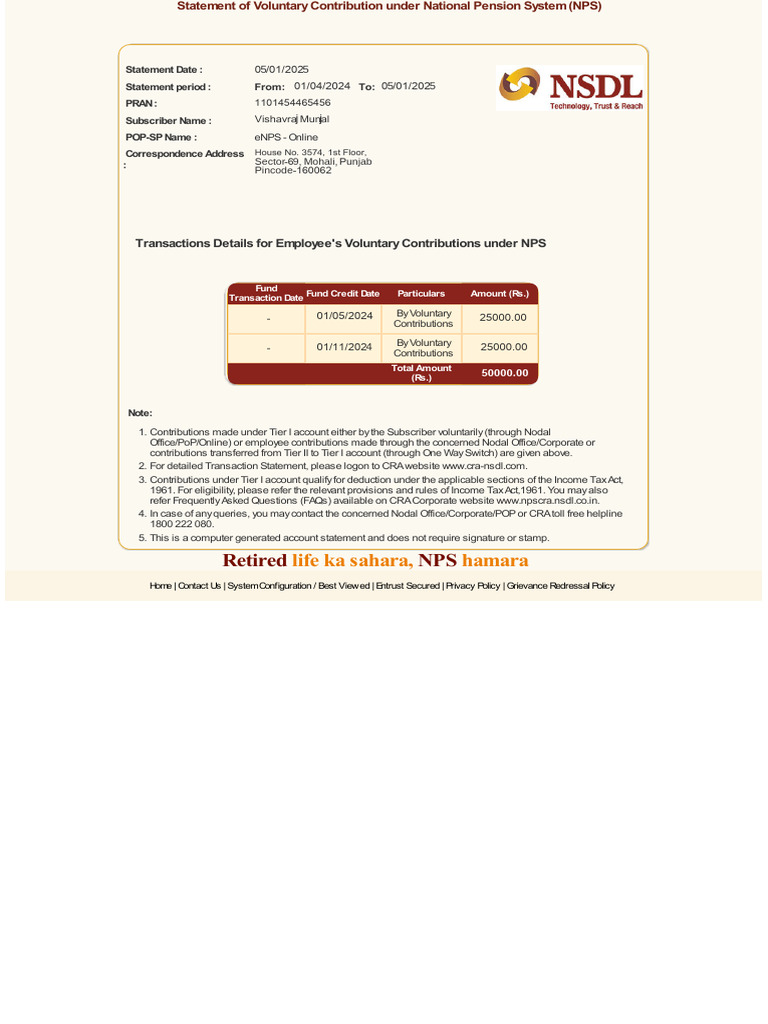 NPS Voluntary Contribution Statement | PDF
