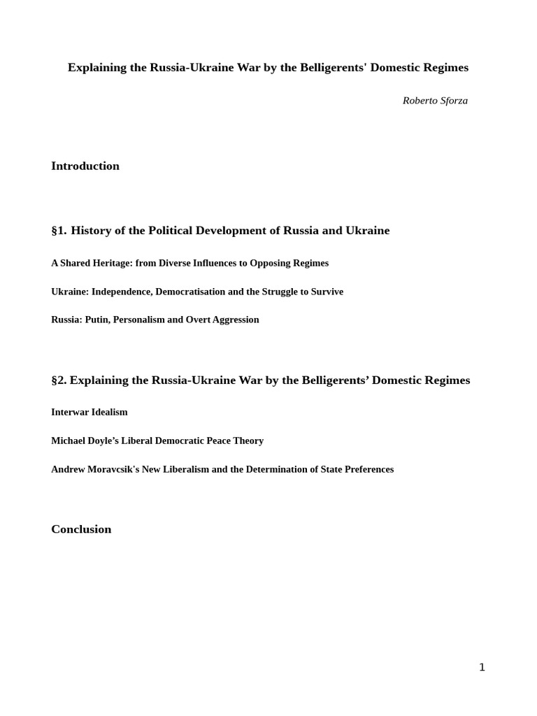 Sforza R. Explaining The Russia-Ukraine War by The Belligerents' Domestic Regimes | PDF ...