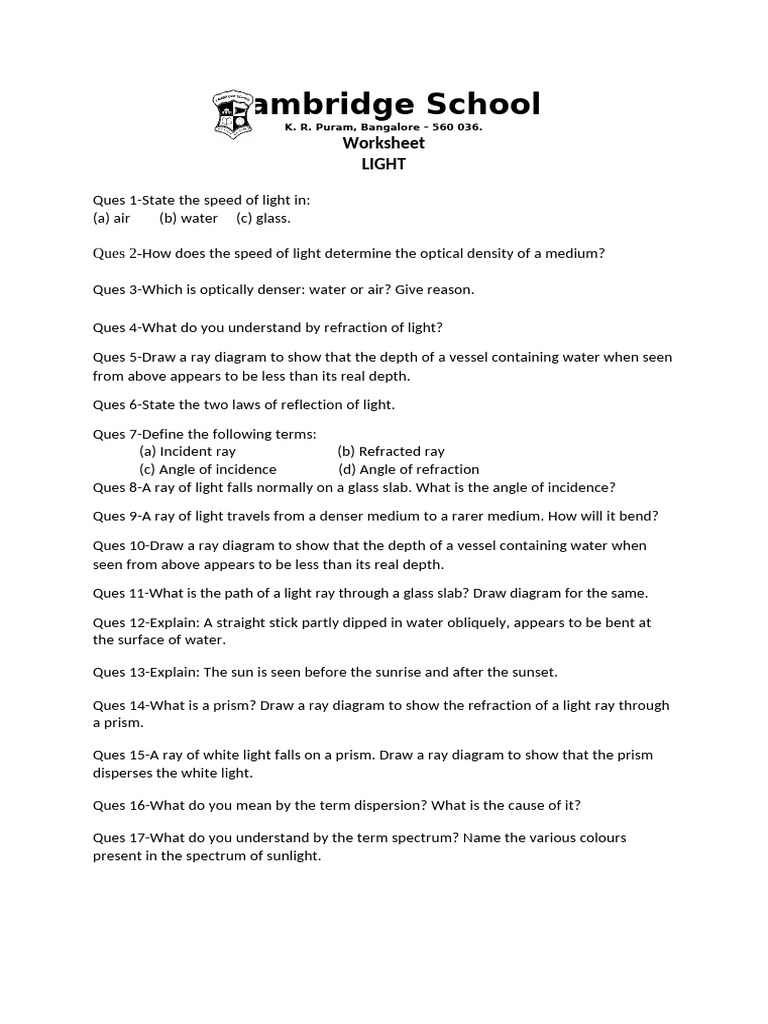 Light Worksheet for Cambridge School | PDF