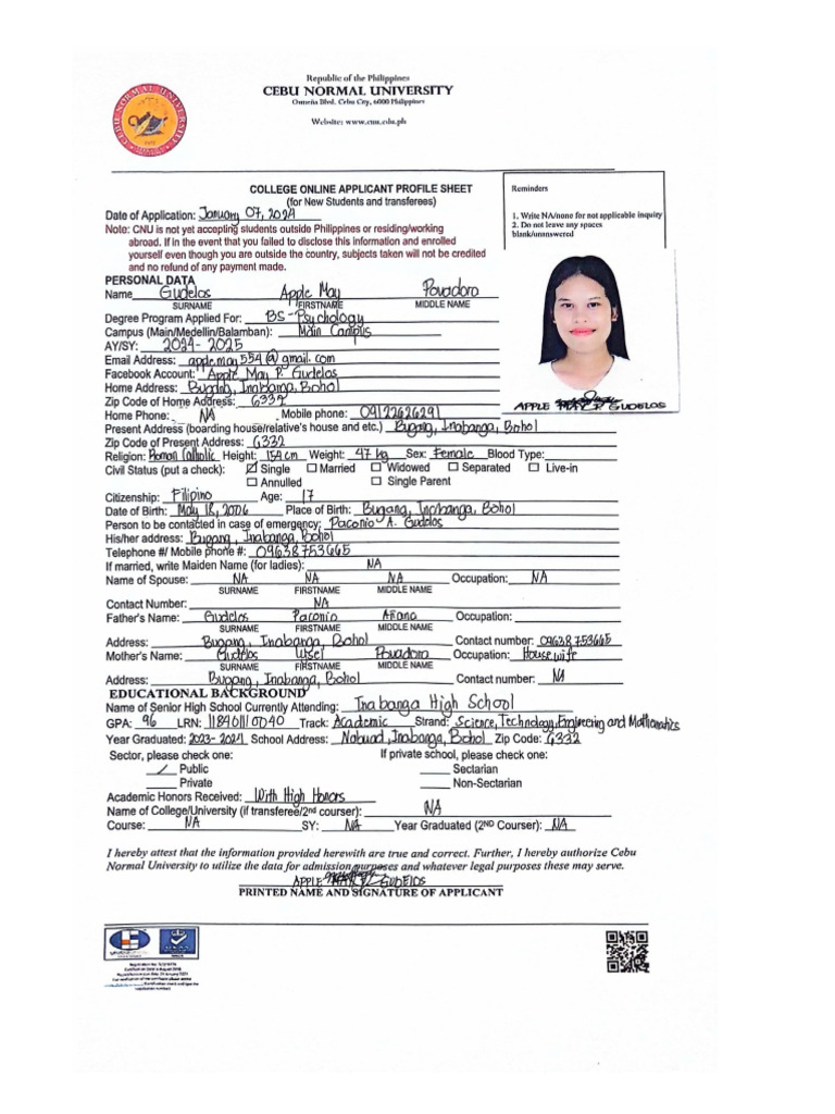 College Applicant Profile Sheet | PDF