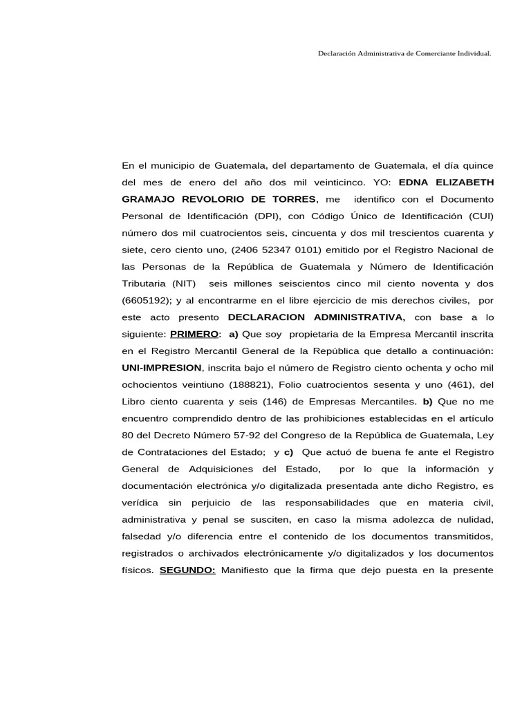 Modelo de Declaracion Administrativa SIMPLE (Comerciante Individual) | PDF