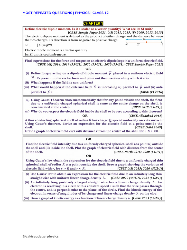 Most Repeated Questions - Physics - Class 12 | PDF