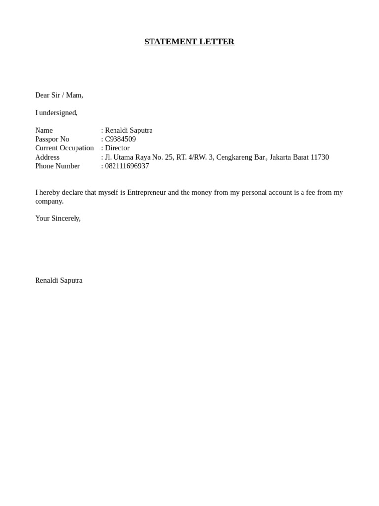 Entrepreneur Statement Letter Template | PDF