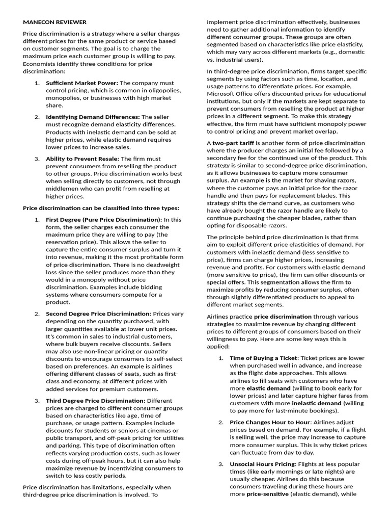 MANECON REVIEWER | PDF | Price Discrimination | Profit (Economics)