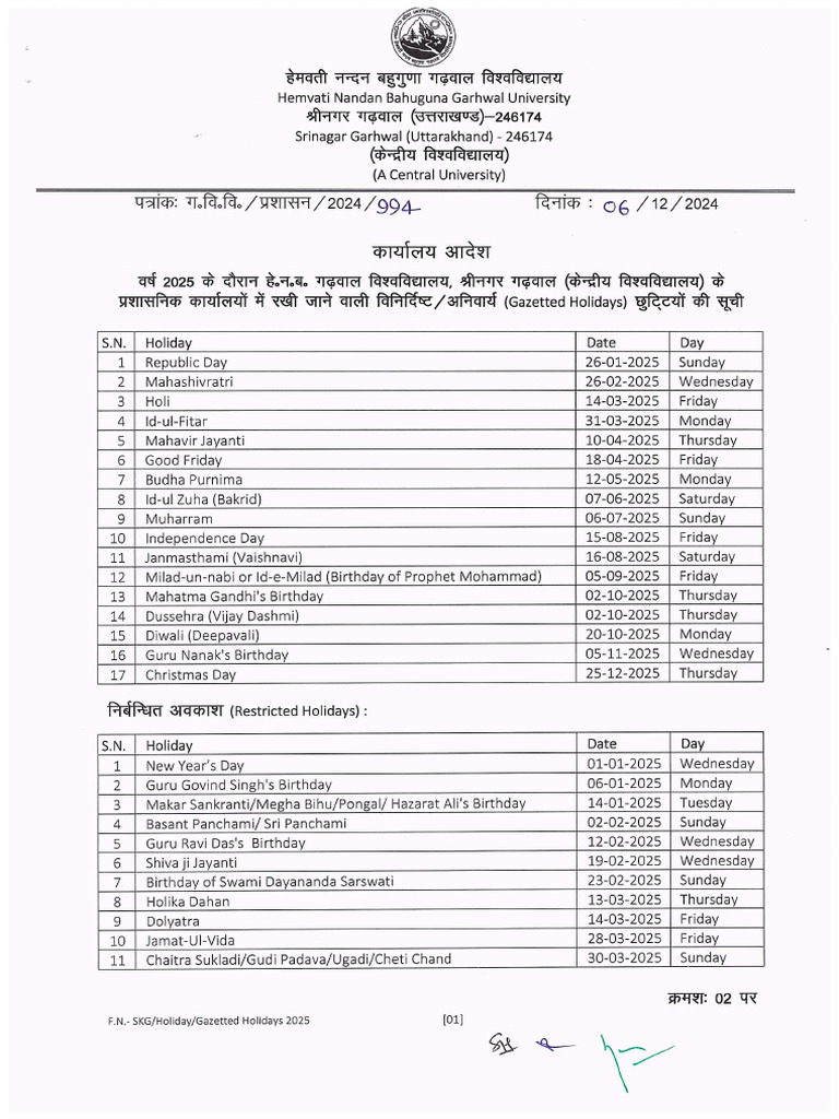 Office Order No. 994 (Gazetted Holiday List For Year 2025) | PDF