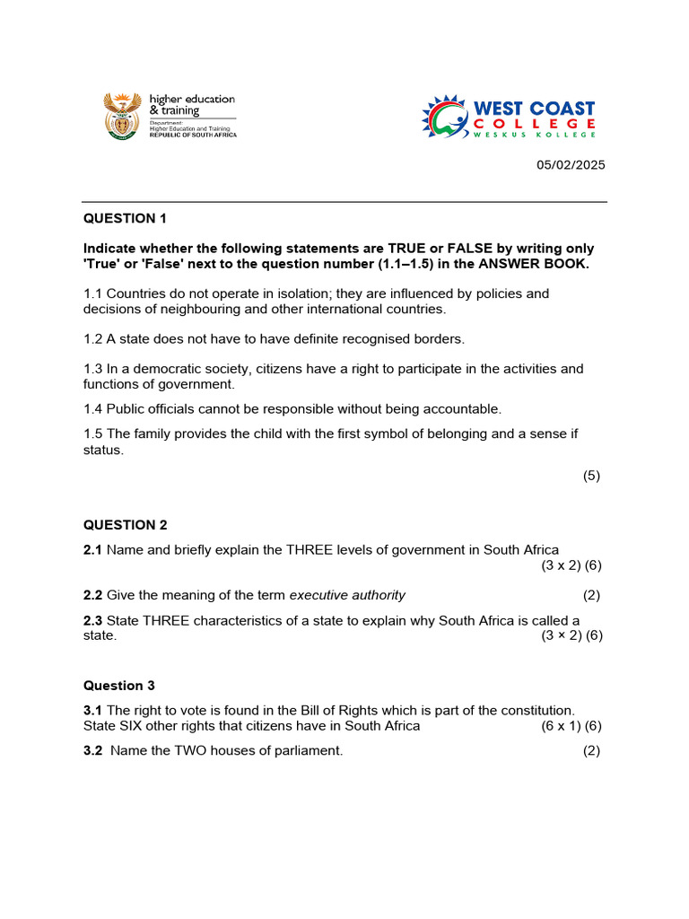 South African Government Structure Quiz | PDF | Democracy | Political ...