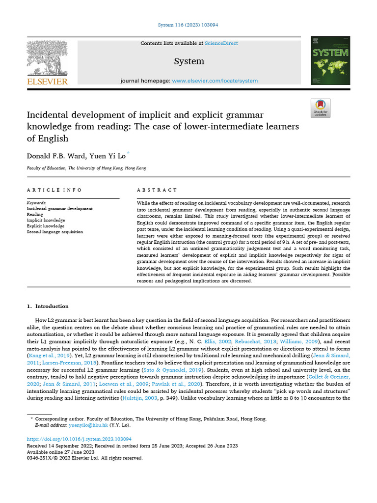 Incidental Development of Implicit and Explicit Grammar Knowledge | PDF | Second Language ...