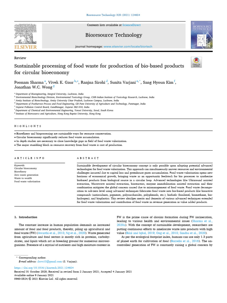 Sustainable Processing of Food Waste For Production of Bio-Based ...