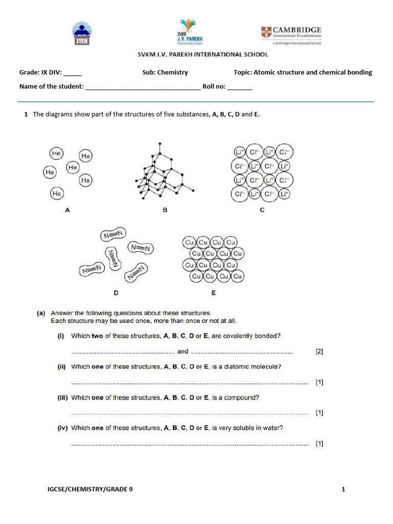 Grade 9 Chemistry: Atomic Structure & Bonding | PDF
