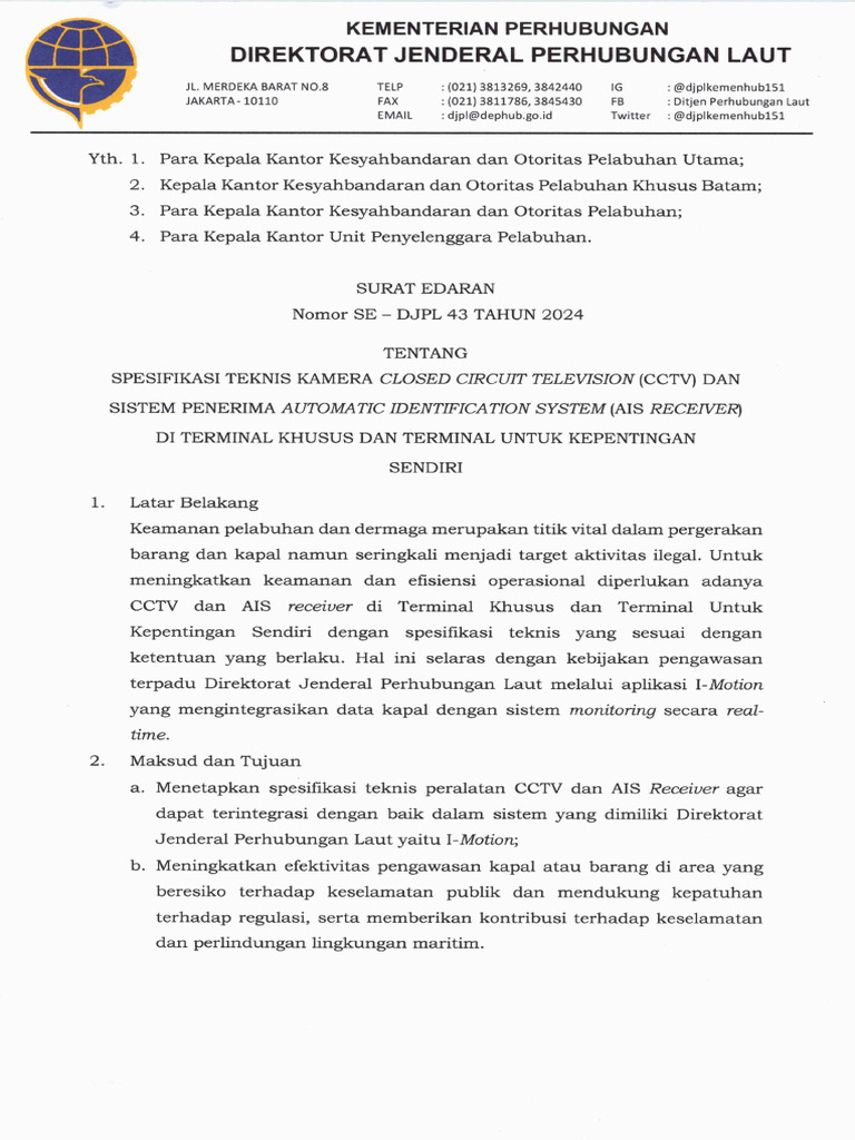 Direktorat Jenderal Perhubungan Laut: Nomor SE - DJPL 43 TAHUN 2024 | PDF