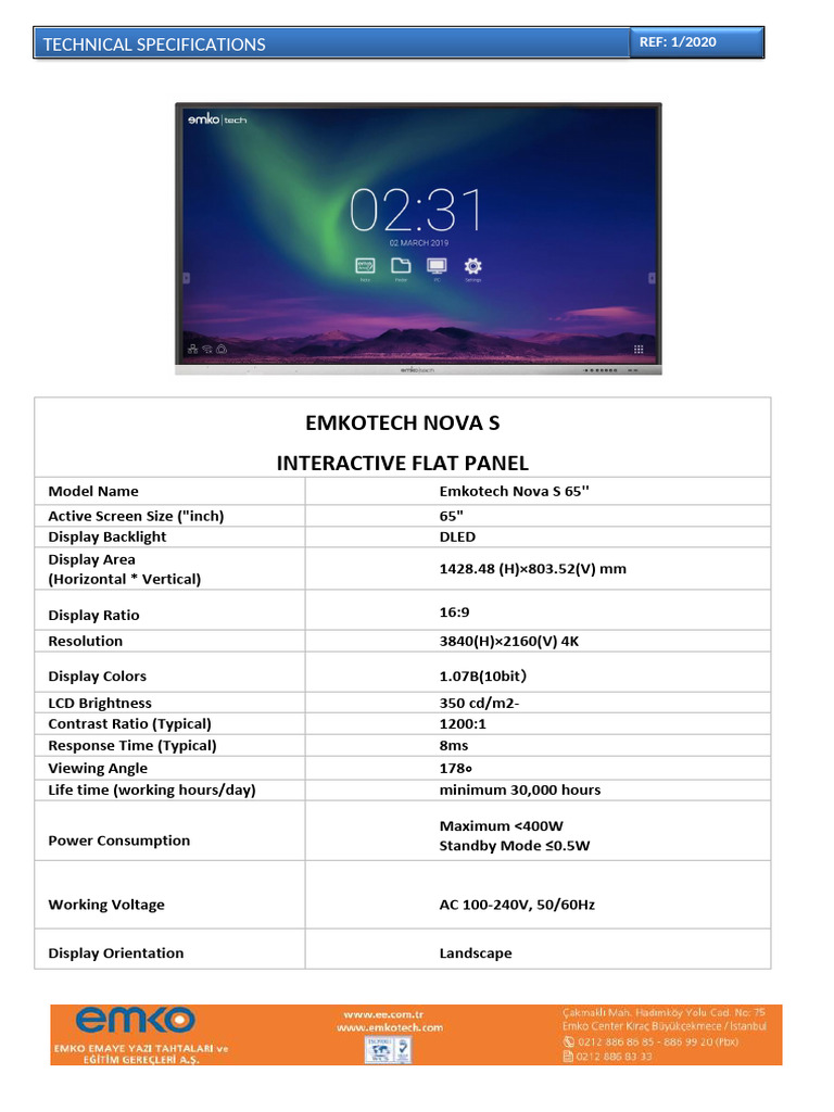 65 Inch Emkotech Nova S Interactive Flat Panel - Technical Specifications | PDF | Electronic ...
