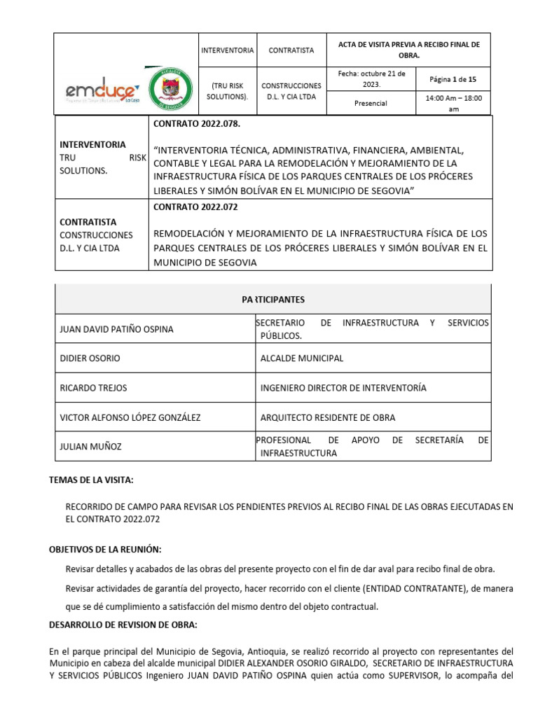 Acta de Entrega Parcial Parque Segovia FIrmada | PDF