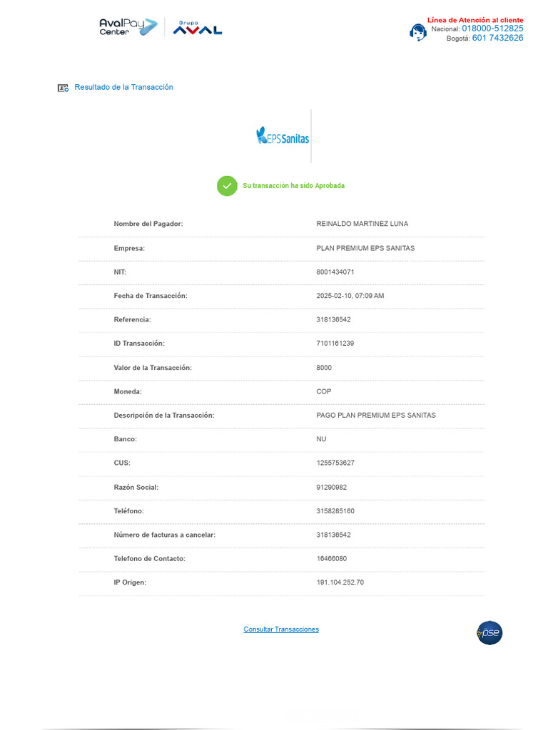 Sanitas - Pasarela de Pagos Aval - Resultado | PDF