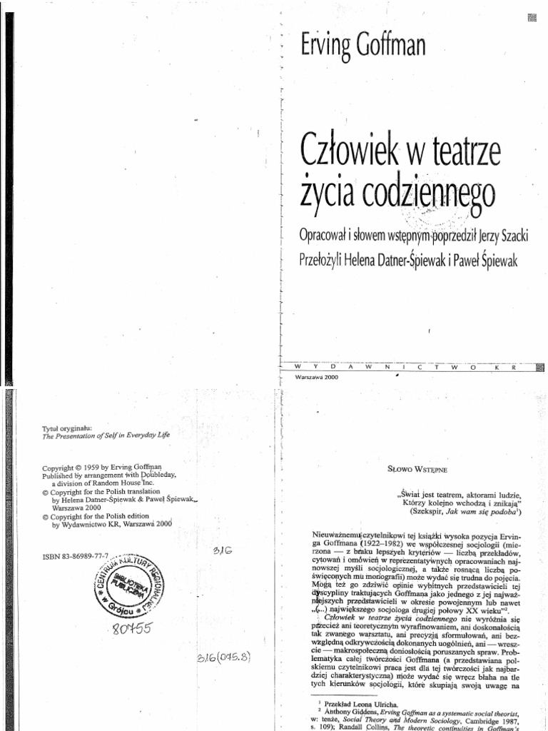 Goffman Erving - Człowiek W Teatrze Życia Codziennego | PDF
