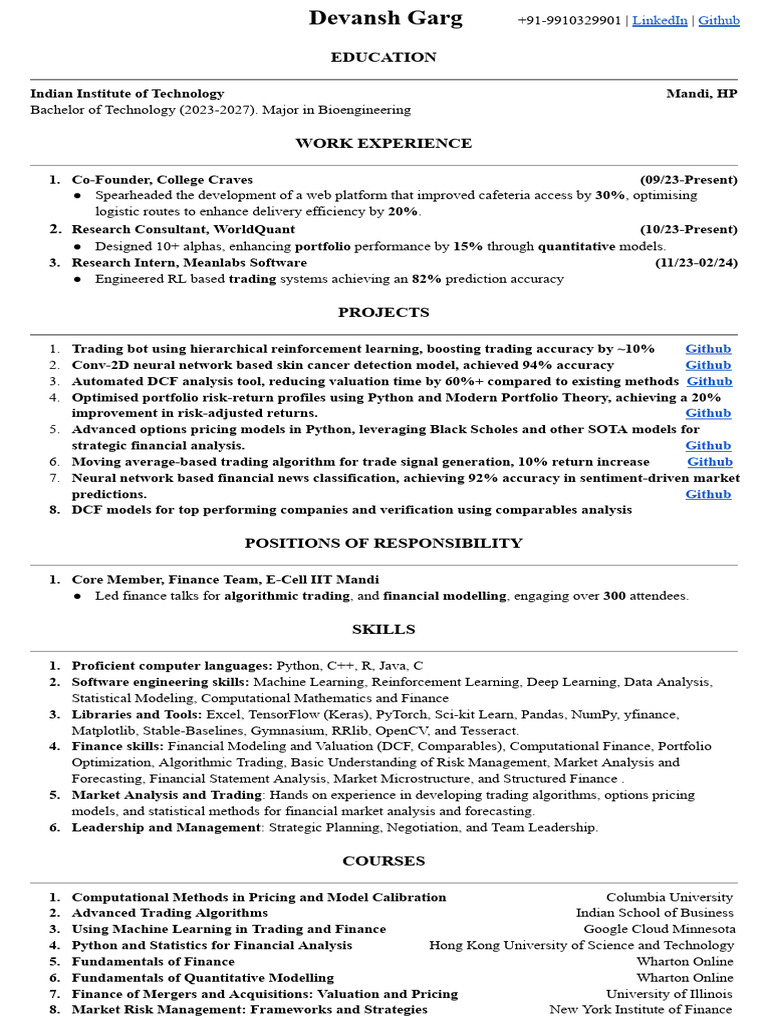 Devansh Garg: Bioengineering & Finance Expert | PDF | Applied Mathematics | Computing
