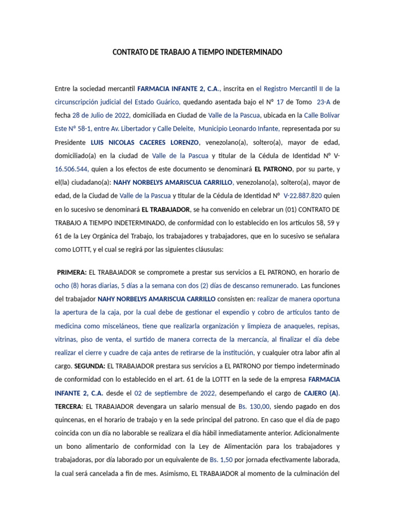 Contrato de Trabajo - Jany Amariscua | PDF