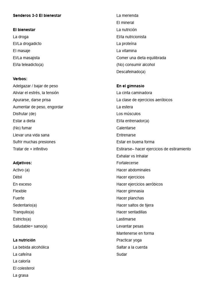 Senderos 3-3 Vocab El Bienestar | PDF | Determinantes de la salud ...